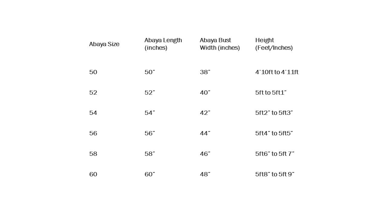 Abaya Sizing Chart